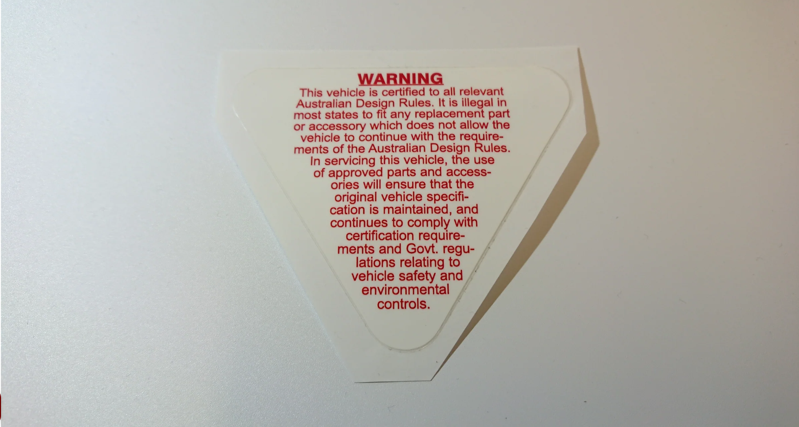 Australian Subaru Under Bonnet ADR "Australian Design Rules" sticker ...